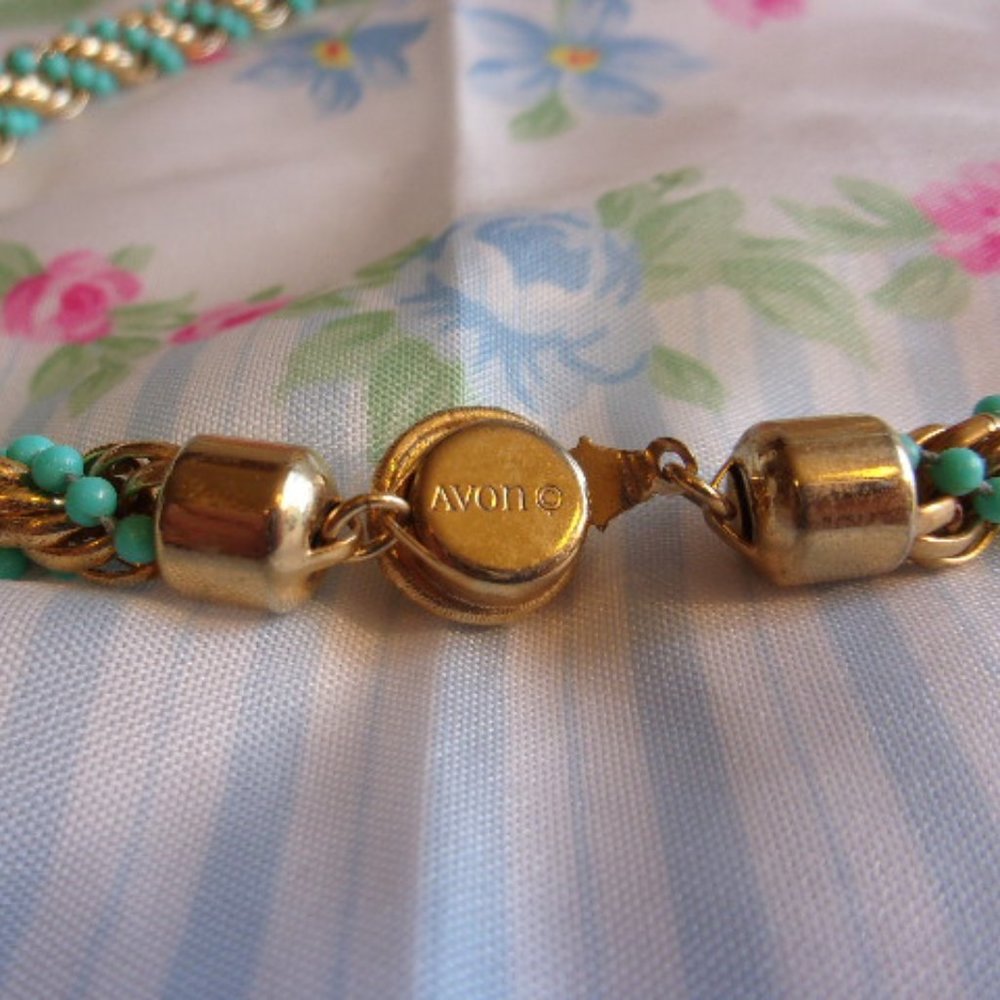 Vintage Avon Teal Gold Twisted Bead Chain Necklace - Gem